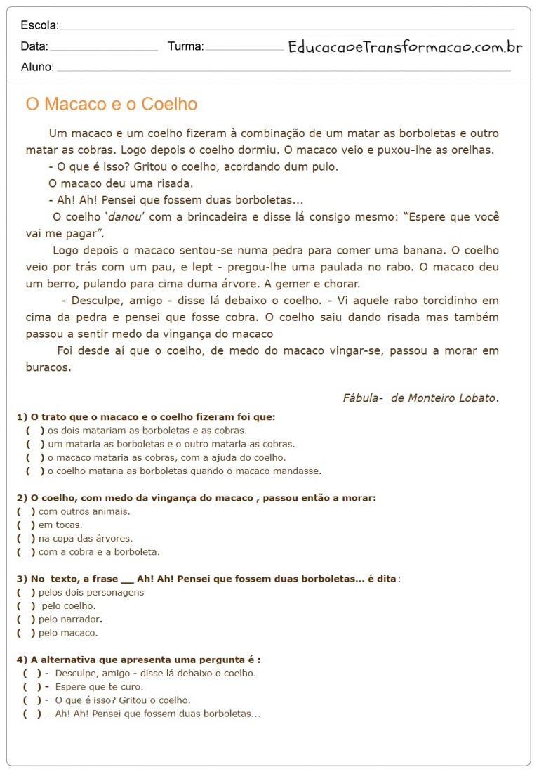 Atividades de Interpretação de Texto 4 ano do Ensino Fundamental.