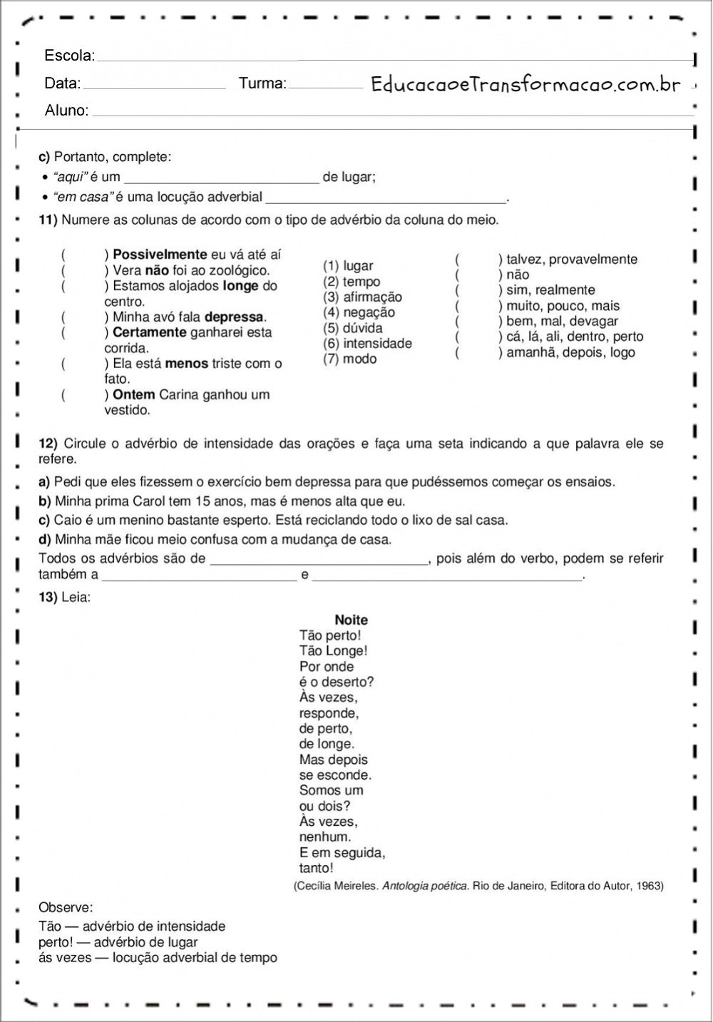Exercícios De Português 7 Ano Morfossintaxe Com Gabarito - EDUCA Exercícios De Português 7 Ano Morfossintaxe Com Gabarito - EDUCA