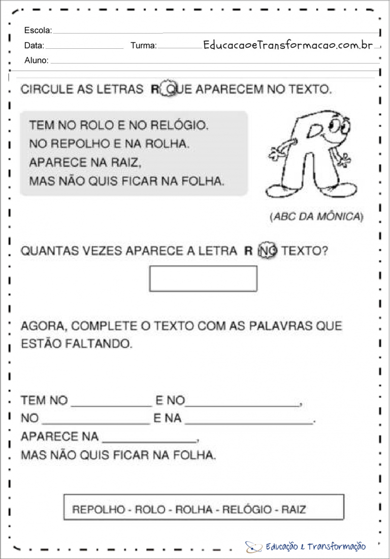 Atividades com a Letra R para alfabetização - Atividades Educativas