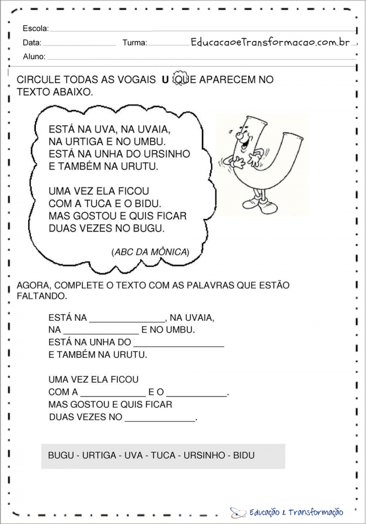 Atividades com a Letra U para Alfabetização - Atividades Educativas